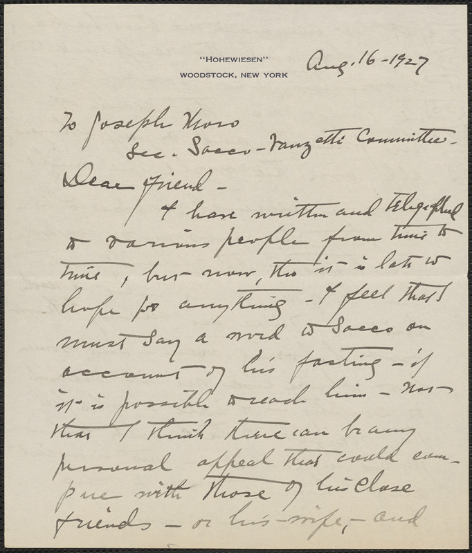 Eva W. Schutze autograph letter signed to Joseph Moro, Woodstock, N.Y ...