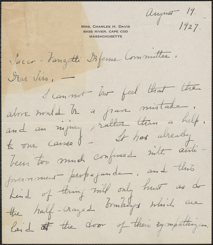 Grace B. Davis autograph letter signed to Sacco-Vanzetti Defense ...