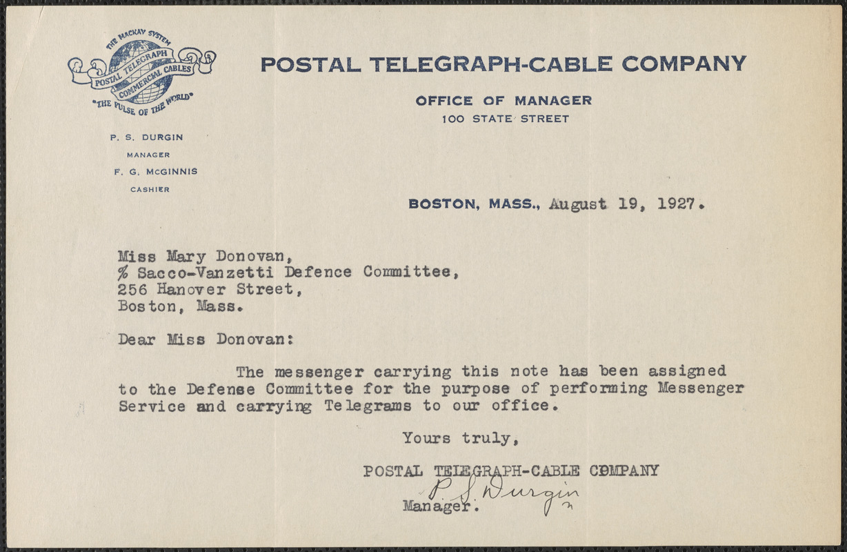 P. S. Durgin (Postal Telegraph-Cable Company) typed letter to Mary ...