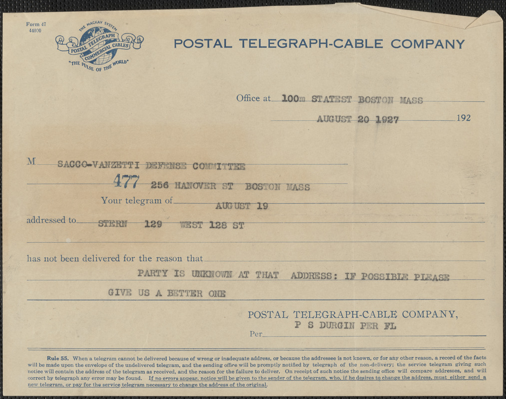 Postal Telegraph-Cable Company printed form to Sacco-Vanzetti Defense ...