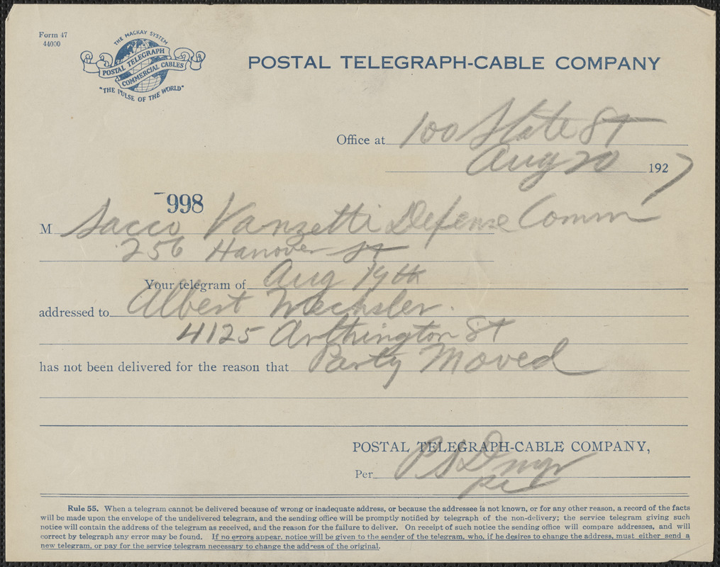 Postal Telegraph-Cable Company printed form to Sacco-Vanzetti Defense ...
