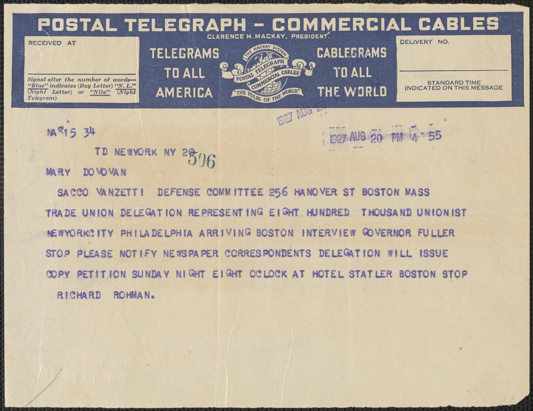Richard Rhoman telegram to Mary Donovan, New York, N.Y., August 20 ...