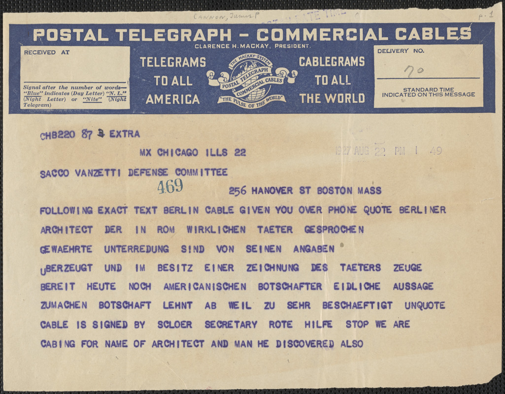 James P. Cannon (International Labor Defense) telegram to Sacco ...
