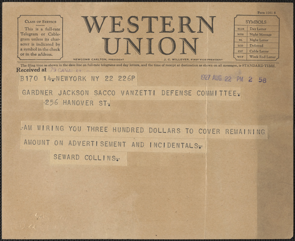 Seward Collins telegram to Gardner Jackson, New York, N.Y., August 22 ...