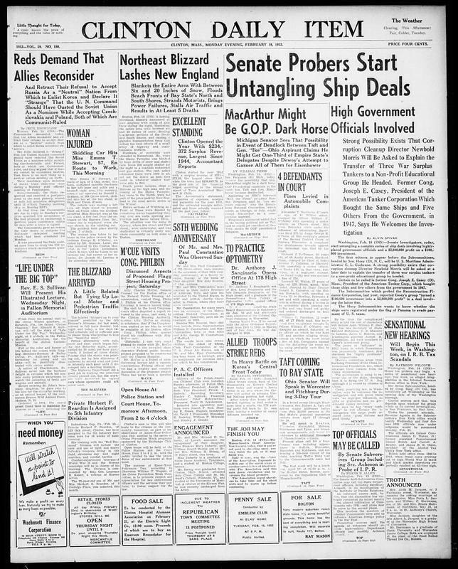 Clinton Daily Item. February 18, 1952 - Digital Commonwealth
