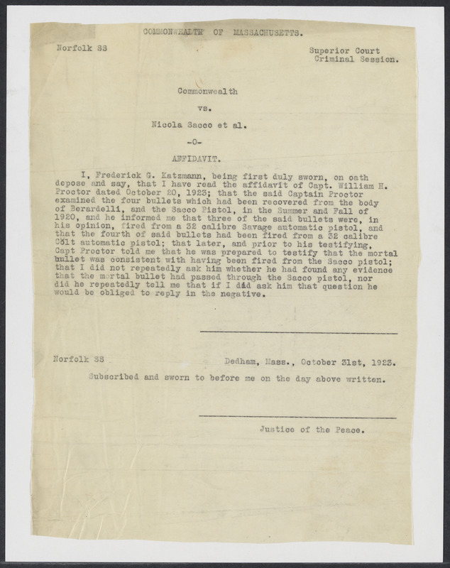 Sacco-Vanzetti Case Records, 1920-1928. Defense Papers. Affidavit of ...