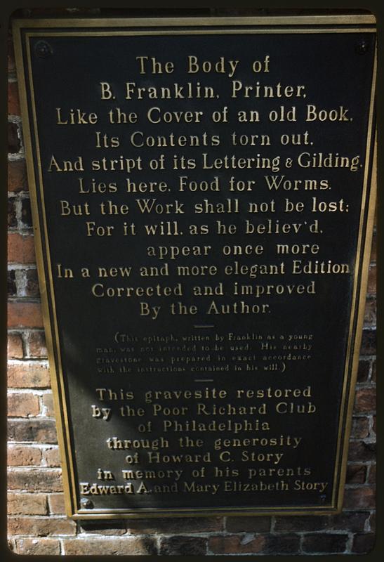 Plaque marking Poor Richard Club's restoration of Benjamin Franklin's ...