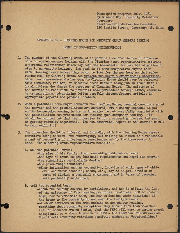 Operation of a Clearing House for Minority Group Members Seeking Homes ...