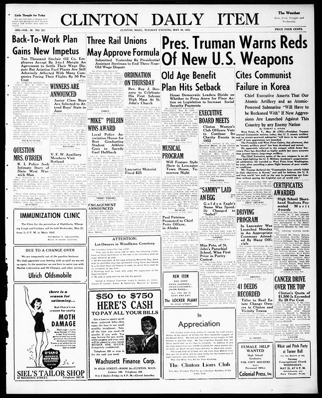 Clinton Daily Item. May 20, 1952 - Digital Commonwealth