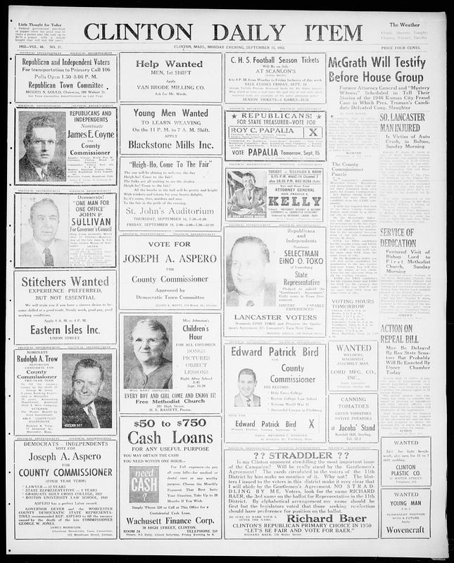 Clinton Daily Item. September 15, 1952 - Digital Commonwealth