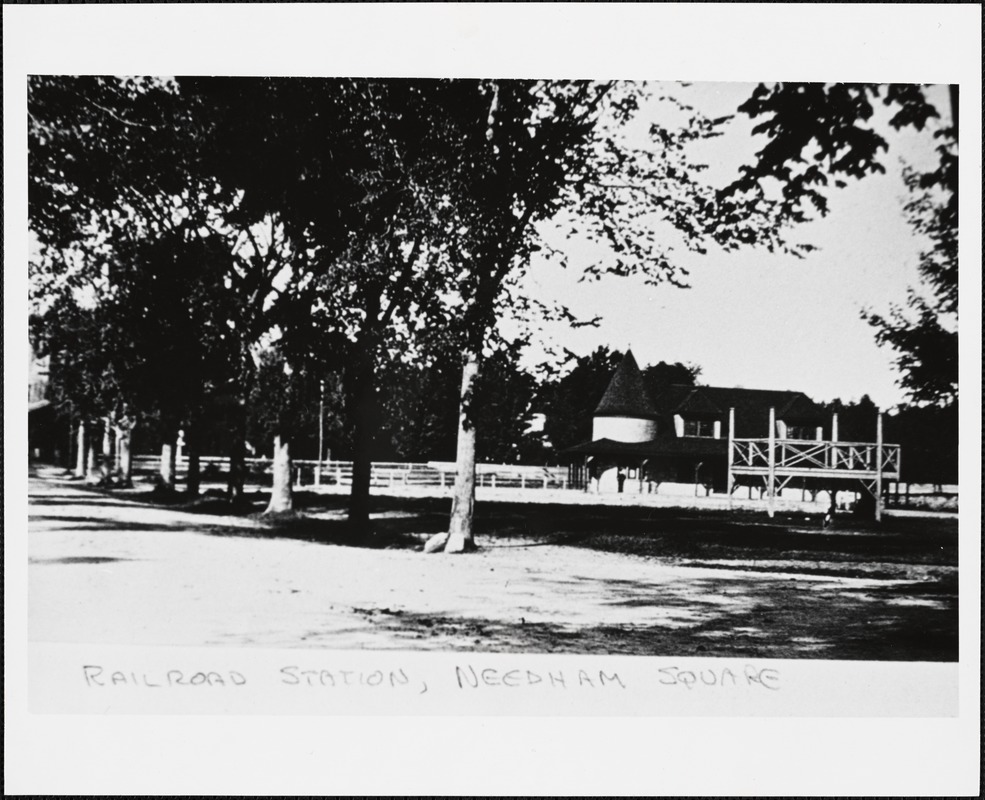 Looking towards railroad station, Needham Square - Digital Commonwealth