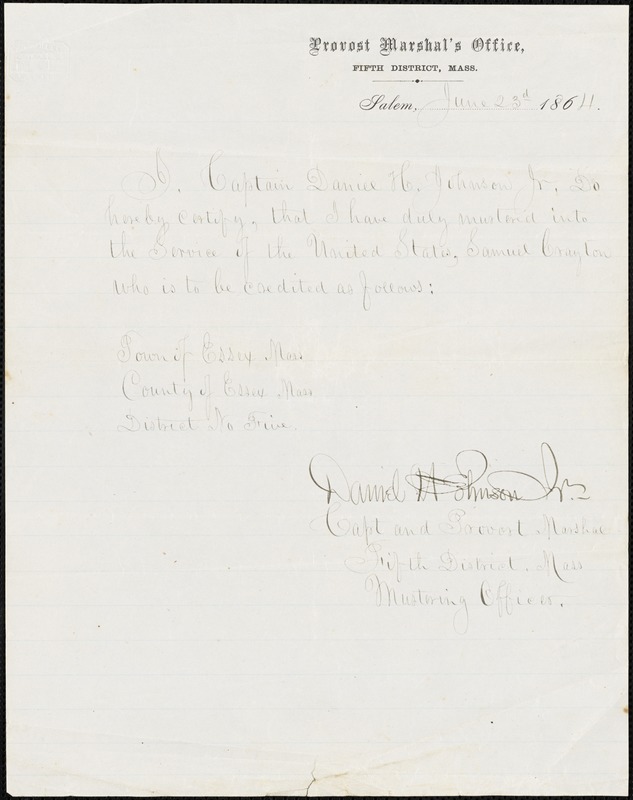 Civil War enlistment paper - Digital Commonwealth