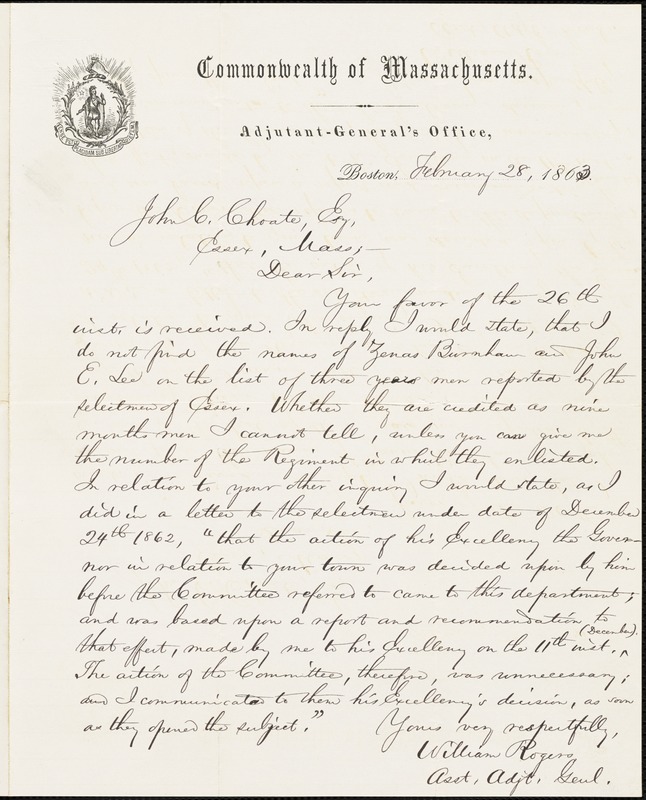 Enlistment of Zenas Burnham and John E. Lee and other administrative ...