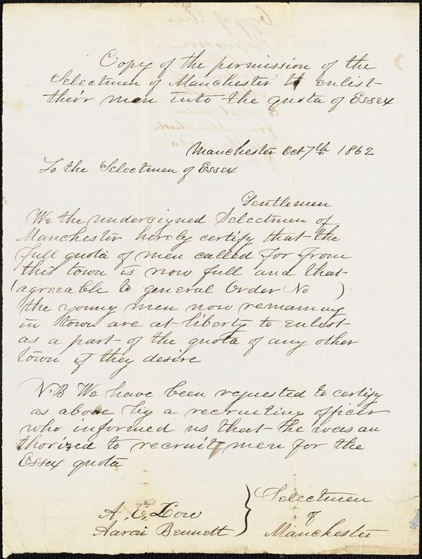 Letter concerning enlistment of men from Manchester to fufill Essex ...