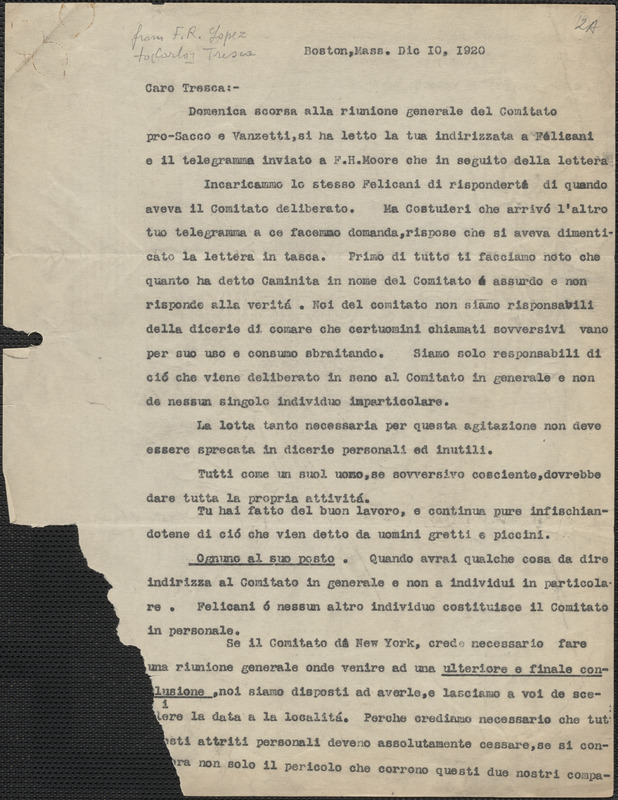 Frank R. Lopez typed letter, in Italian, (copy) to [Carlo] Tresca ...