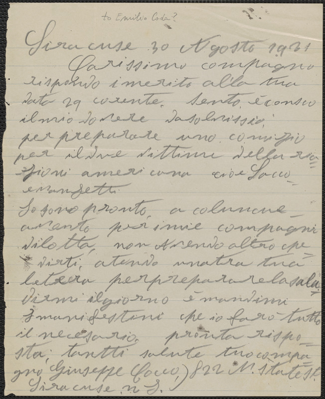 Giuseppe Cocco autograph letter signed, in Italian, to [Emilio Coda ...