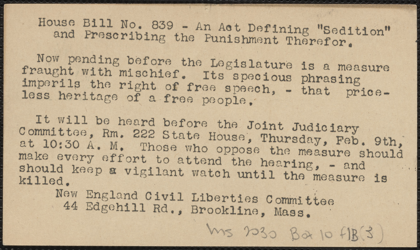 New England Civil Liberties Committee typed postcard to Fred [H.] Moore ...