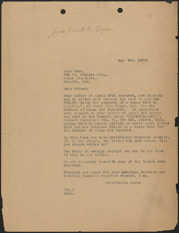 Frank R. Lopez typed letter (copy) to Sulo Oksa, Boston, Mass., May 2 ...