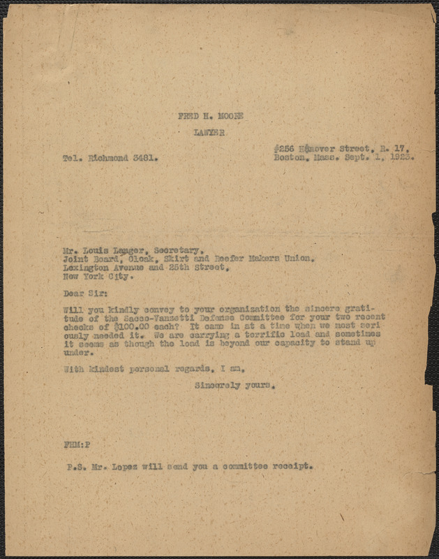 Fred H. Moore typed letter (copy) to Louis Langer (Joint Board, Cloak ...