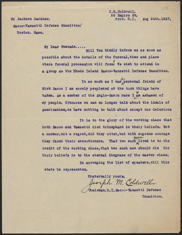 John M. Coldwell (Rhode Island Sacco-Vanzetti Defense Committee) typed ...