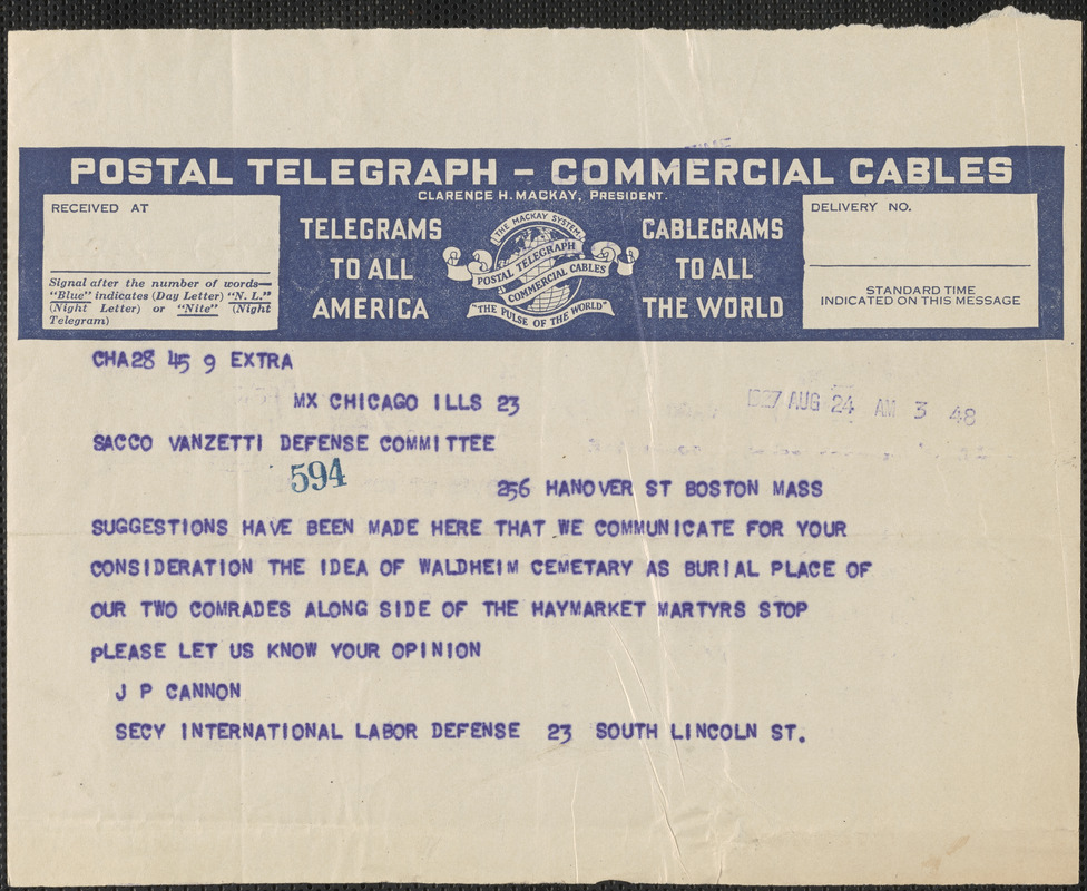 International Labor Defense telegram to Sacco-Vanzetti Defense ...