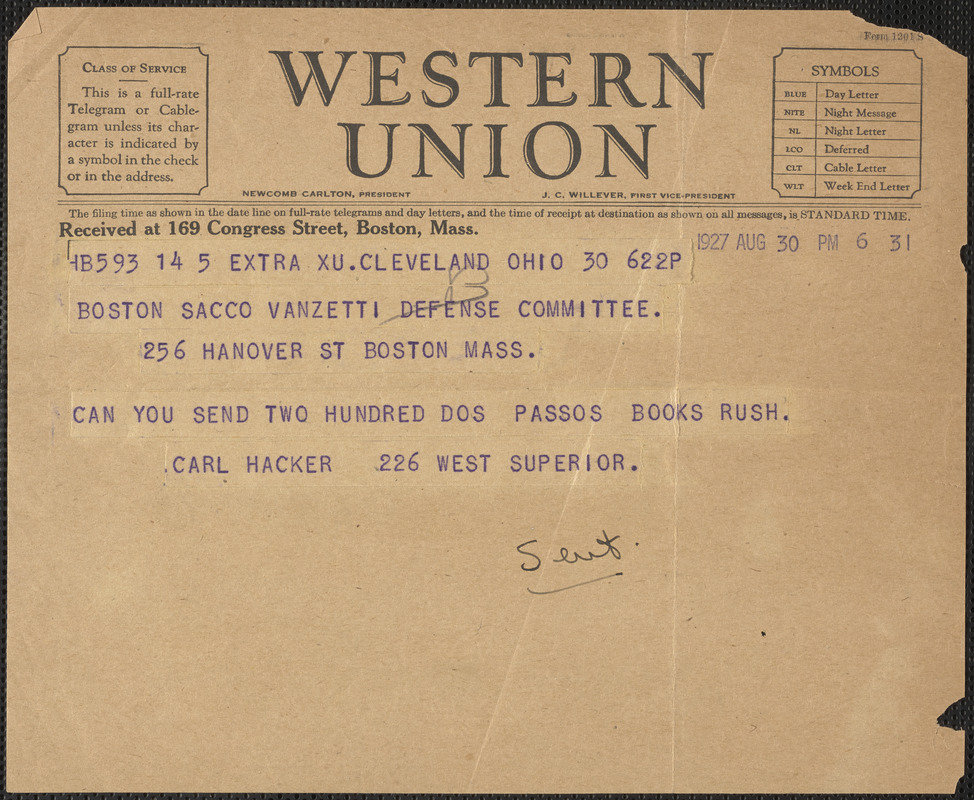 Carl Hacker (International Labor Defense) telegram to Sacco-Vanzetti ...