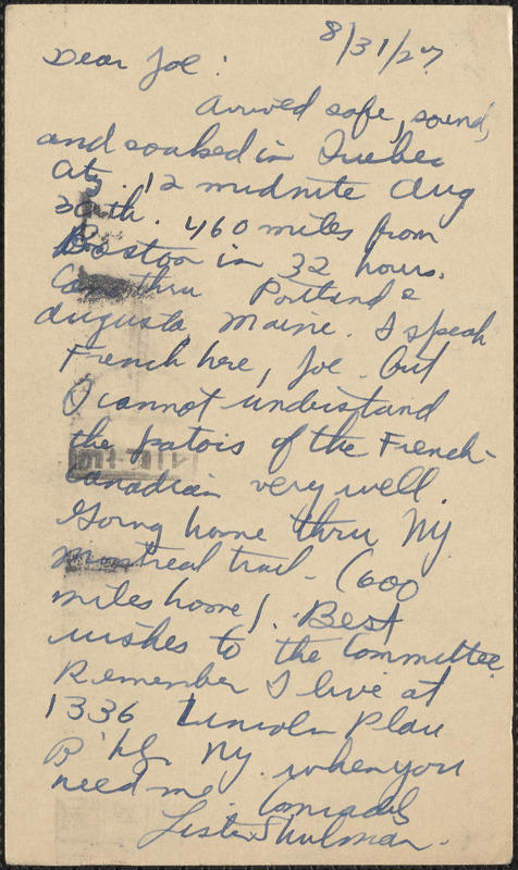 Lester Shulman (Socialist Youth Campaign Committee) autograph note ...