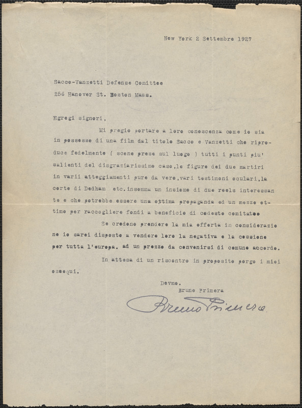 Bruno Primera typed letter signed, in Italian, to Sacco-Vanzetti ...