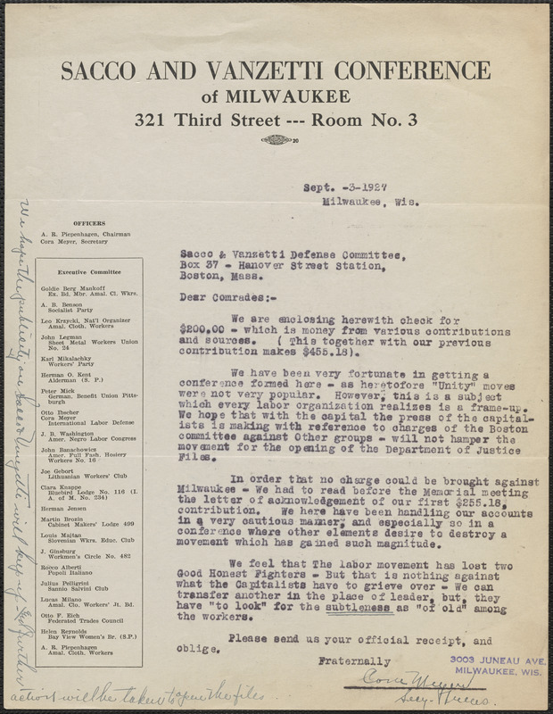 Cora Meyer (Sacco and Vanzetti Conference of Milwaukee) typed letter ...