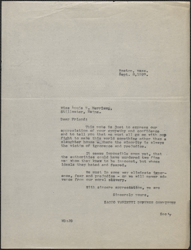 Sacco-Vanzetti Defense Committee typed letter (copy) to Louie Maude ...