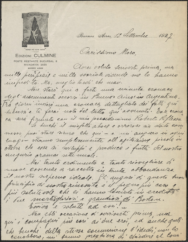 Severino Di Giovanni (CULMINE) autograph letter signed, in Italian, to ...