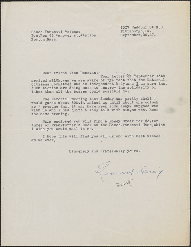 Leonard Craig (Sacco-Vanzetti Defense Committee of Western Pennsylvania ...