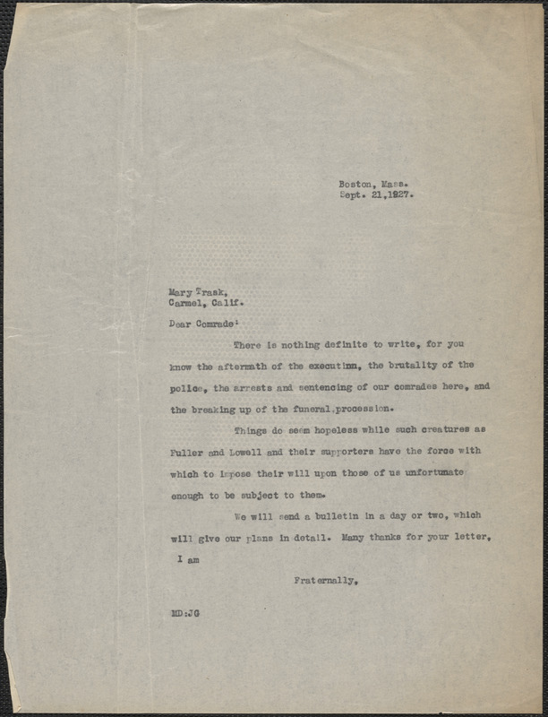Mary Donovan typed letter (copy) to Mary C. Trask, Boston, Mass ...