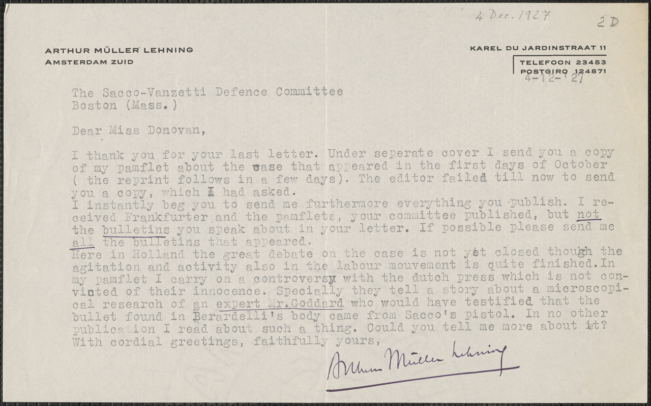 Arthur M. Lehning typed letter signed to Mary Donovan, Amsterdam, The ...