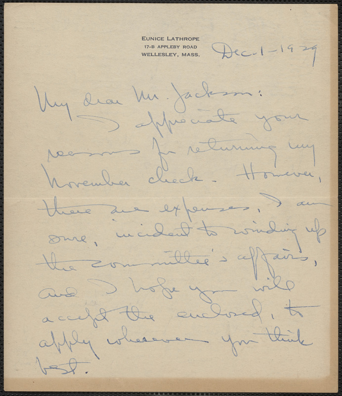 Eunice Lathrope autograph letter signed to Gardner Jackson, Wellesley ...