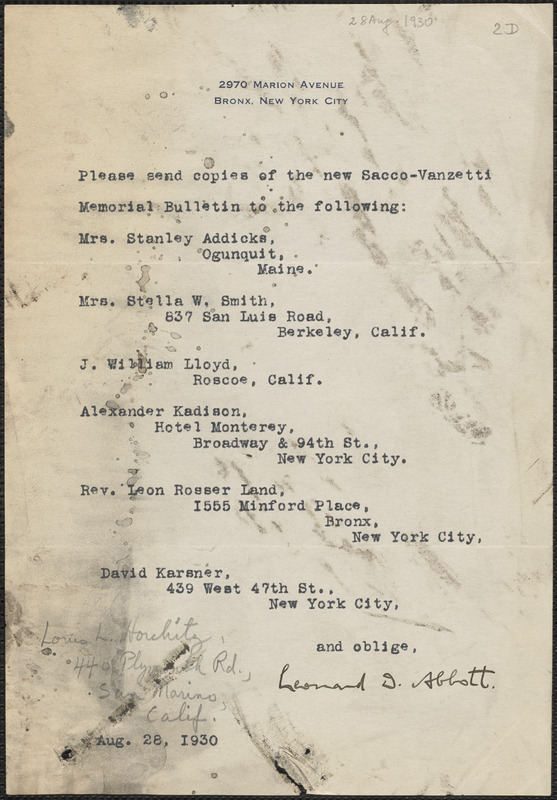 Leonard D. Abbott (The Square Deal) typed note signed to Sacco-Vanzetti ...