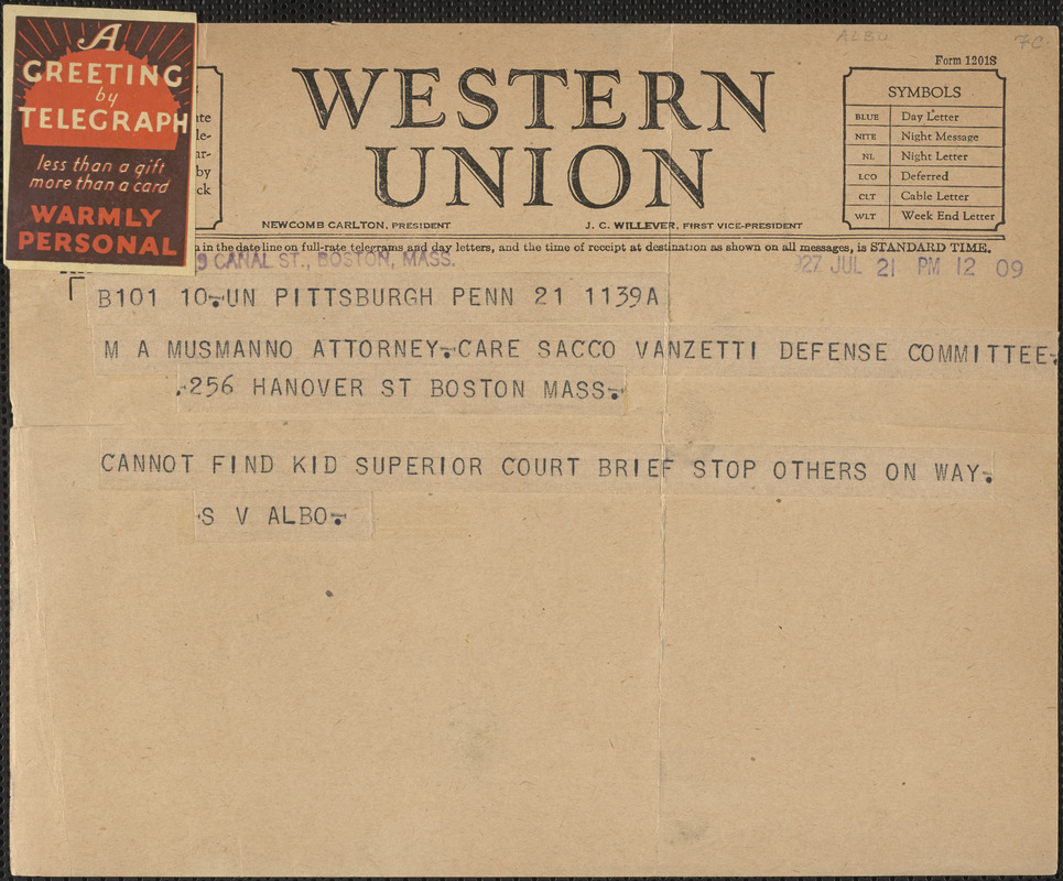 S. V. Albo telegram to M. A. Musmanno, Pittsburgh, Pa., July 21, 1927 ...