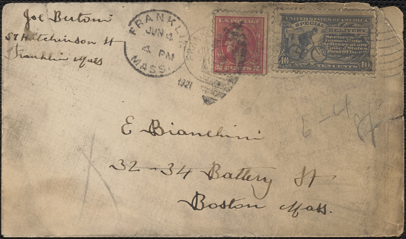 Joe Bertoni autograph letter signed, in Italian, to E. Bianchini ...