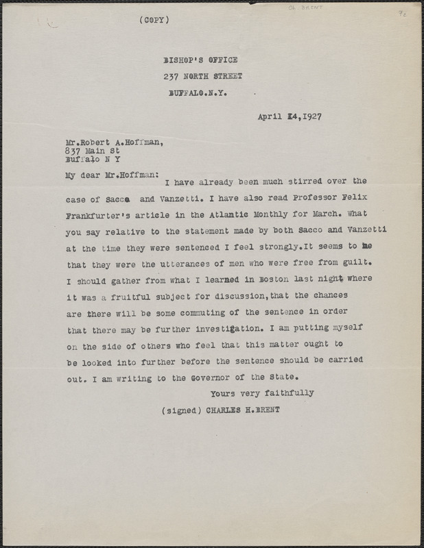 Charles H. Brent typed letter (copy) to Robert A. Hoffman, Buffalo, N ...