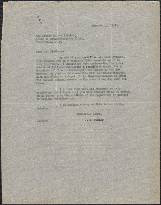 John S. Codman typed letter signed to George H. Tinkham, [Boston, Mass ...