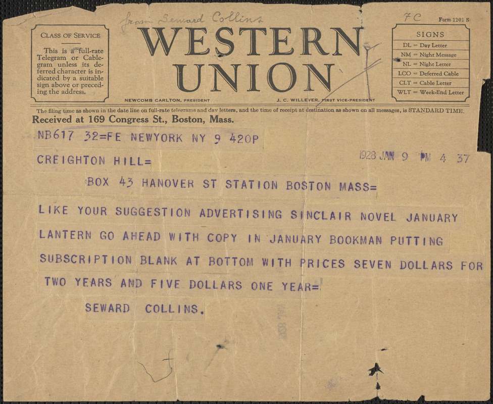 Seward Collins telegram to Creighton Hill, New York, N. Y., January 9 ...