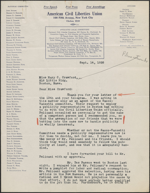 Roger N. Baldwin (American Civil Liberties Union) typed letter signed ...
