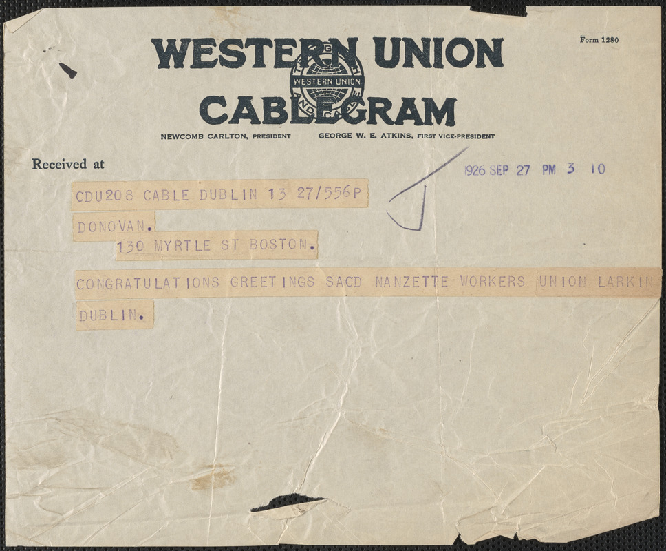 [Jim] Larkin (Irish Workers' Union) telegram to Mary Donovan, Dublin ...