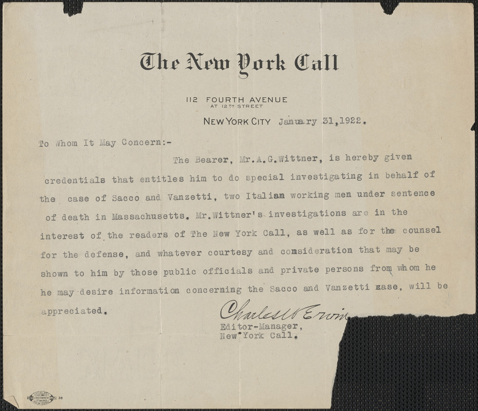 Charles Erwin (New York Call) typed note signed, New York, N. Y ...