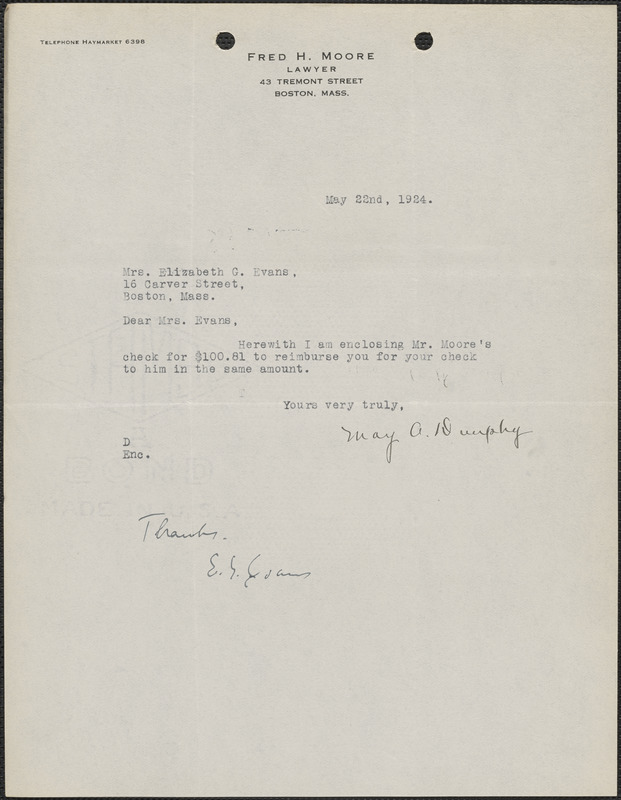 Mary A. Dunphy typed letter signed to Elizabeth G[lendower] Evans ...