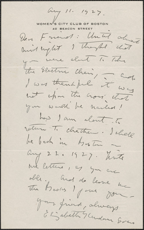 Elizabeth Glendower Evans autograph letter signed to [Nicola Sacco and ...