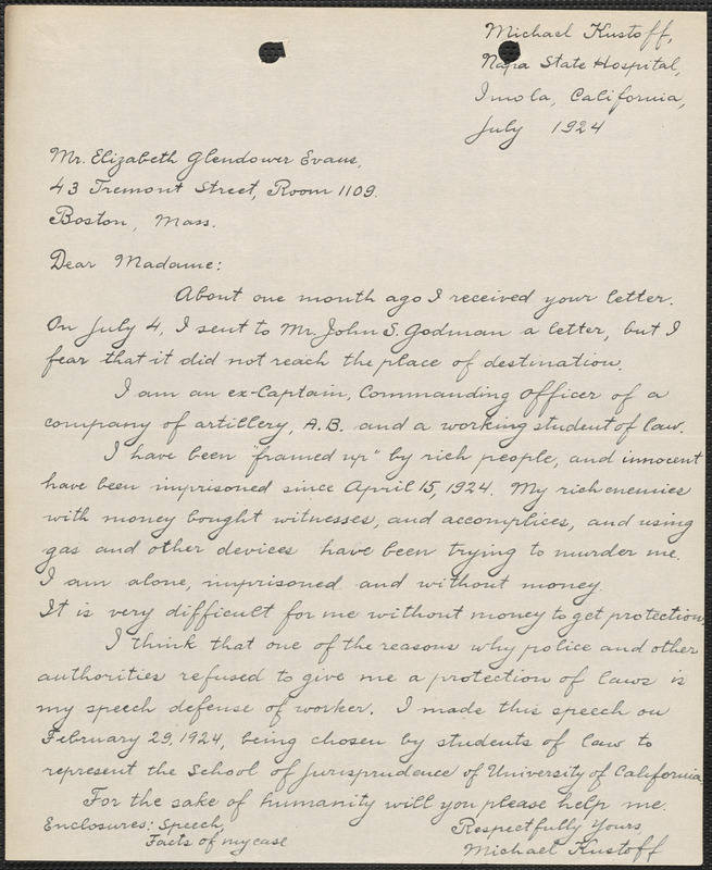 Michael Kristoff autograph letter signed to Elizabeth Glendower Evans ...