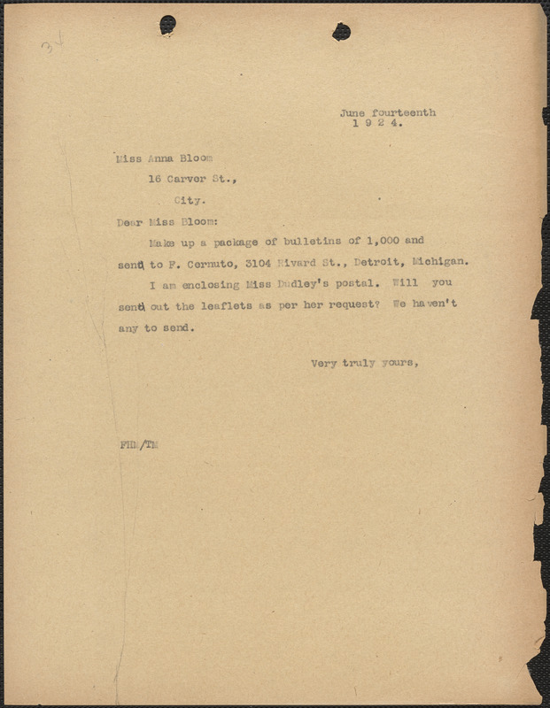 [Fred H. Moore] typed note (copy) to Anna Bloom, [Boston, Mass.], June ...