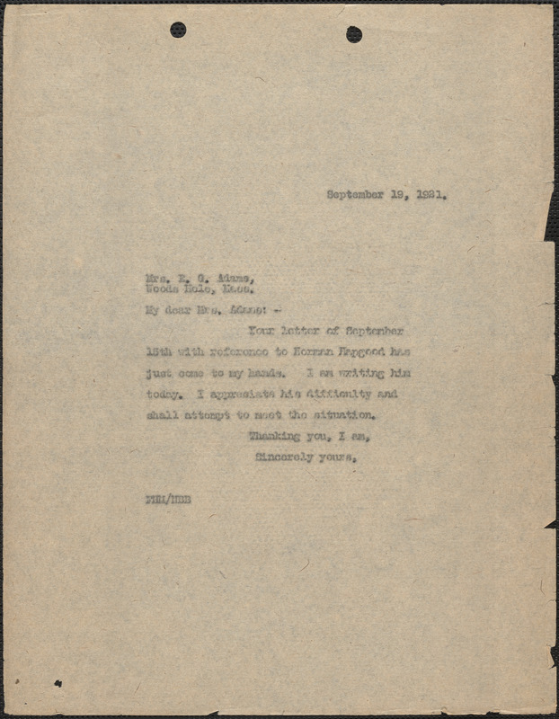 [Fred H. Moore] typed letter (copy) to E. G. Adams [Elizabeth Glendower ...