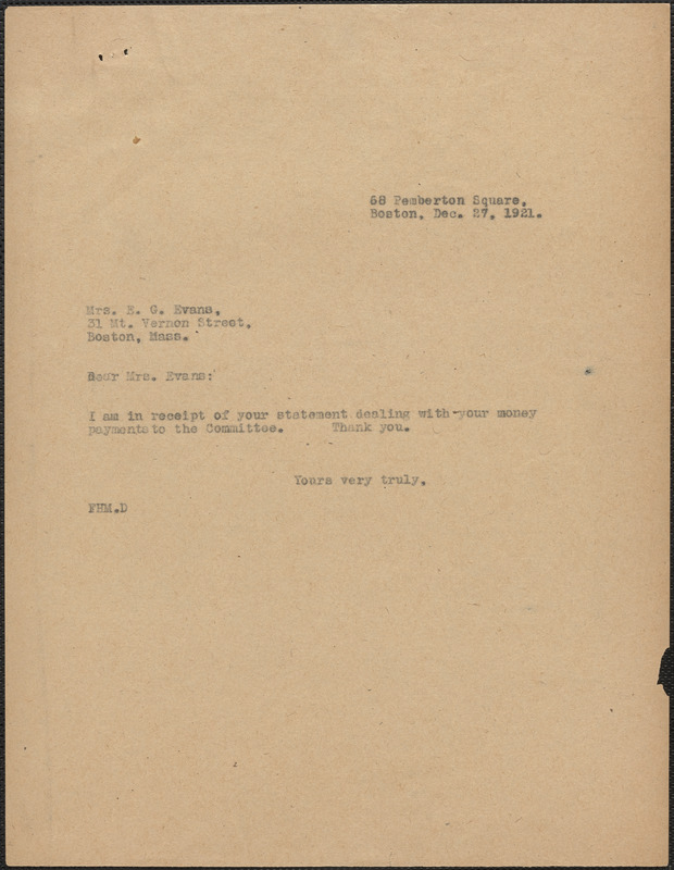 Fred H. Moore typed note (copy) to E[lizabeth] G[lendower] Evans ...